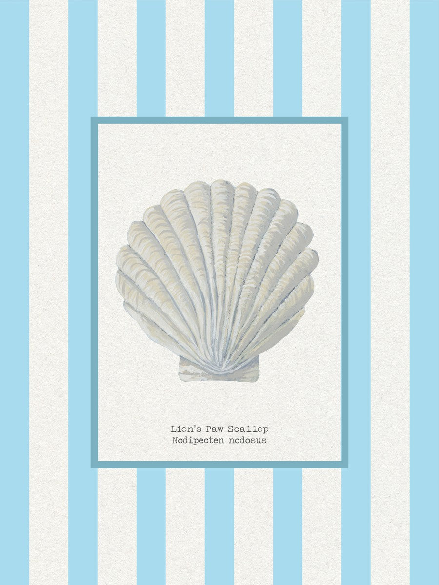 Hand-painted Scallop Shell Art Print | Aqua-blue Stripe Background ...