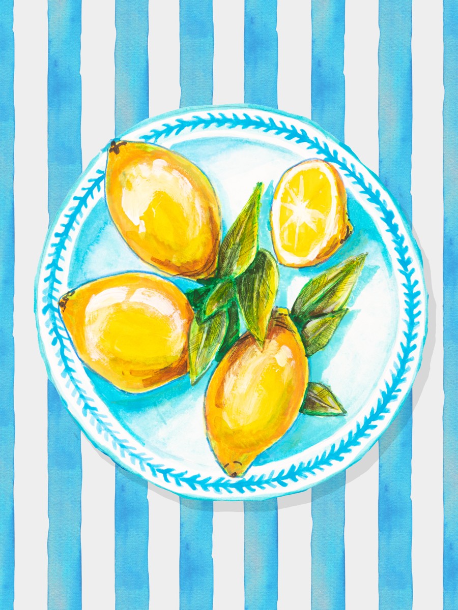 Lemon Painting on Blue Stripe | Kitchen Wall Art – Beach House Art
