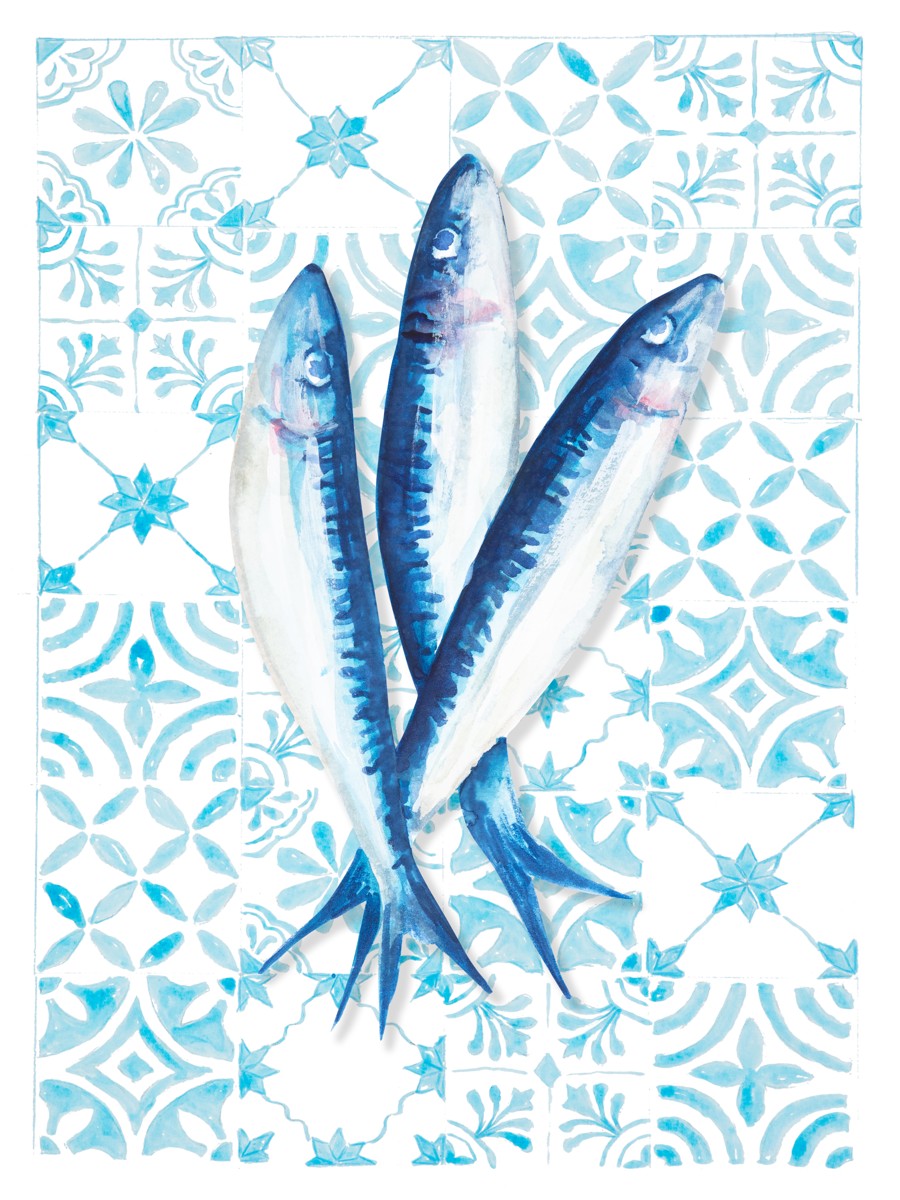 Sardine Print on Blue Mediterranean Tiles – Beach House Art