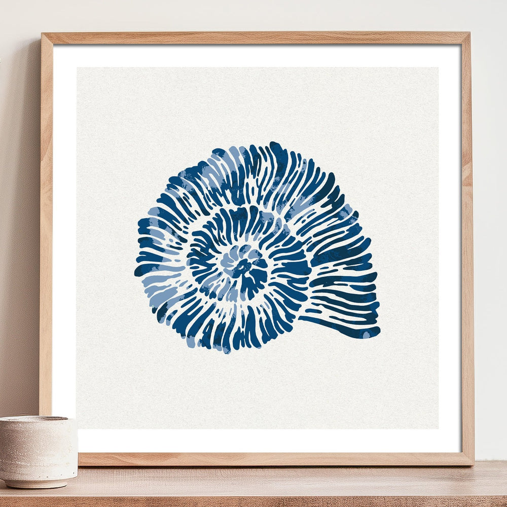 Indigo Spiral Shell Art Print | Watercolour Shell | Beach House Art