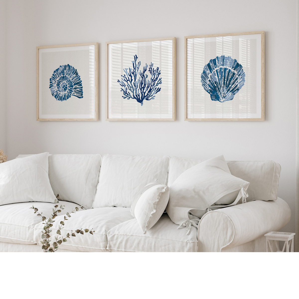 Set of Three Framed Indigo Coral and Shell Prints - Beach House Art