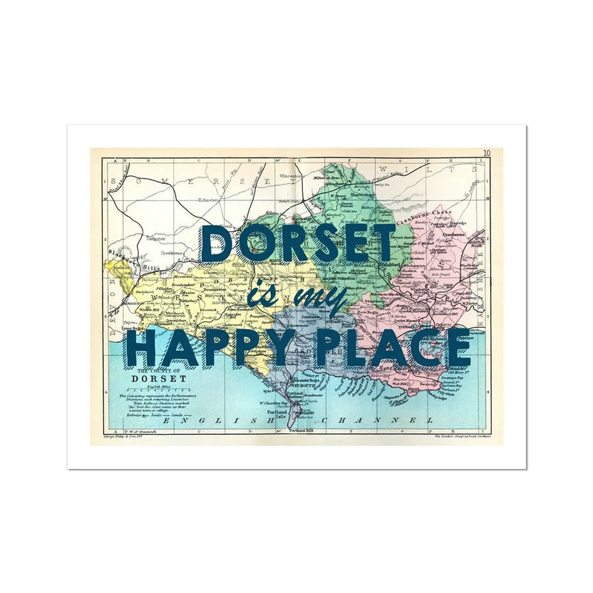 Dorset is my Happy Place (Dorset Map) - Vintage Map Art - Beach House Art