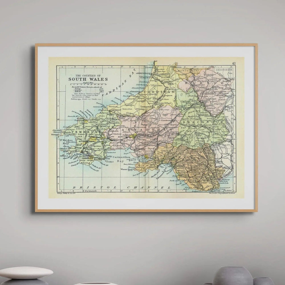Map of South Wales Print | Vintage Map of Wales Print - Beach House Art