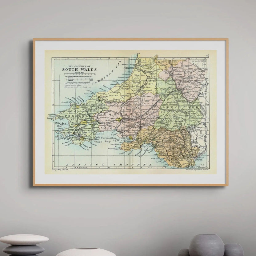 Map of South Wales Print | Vintage Map of Wales Print - Beach House Art