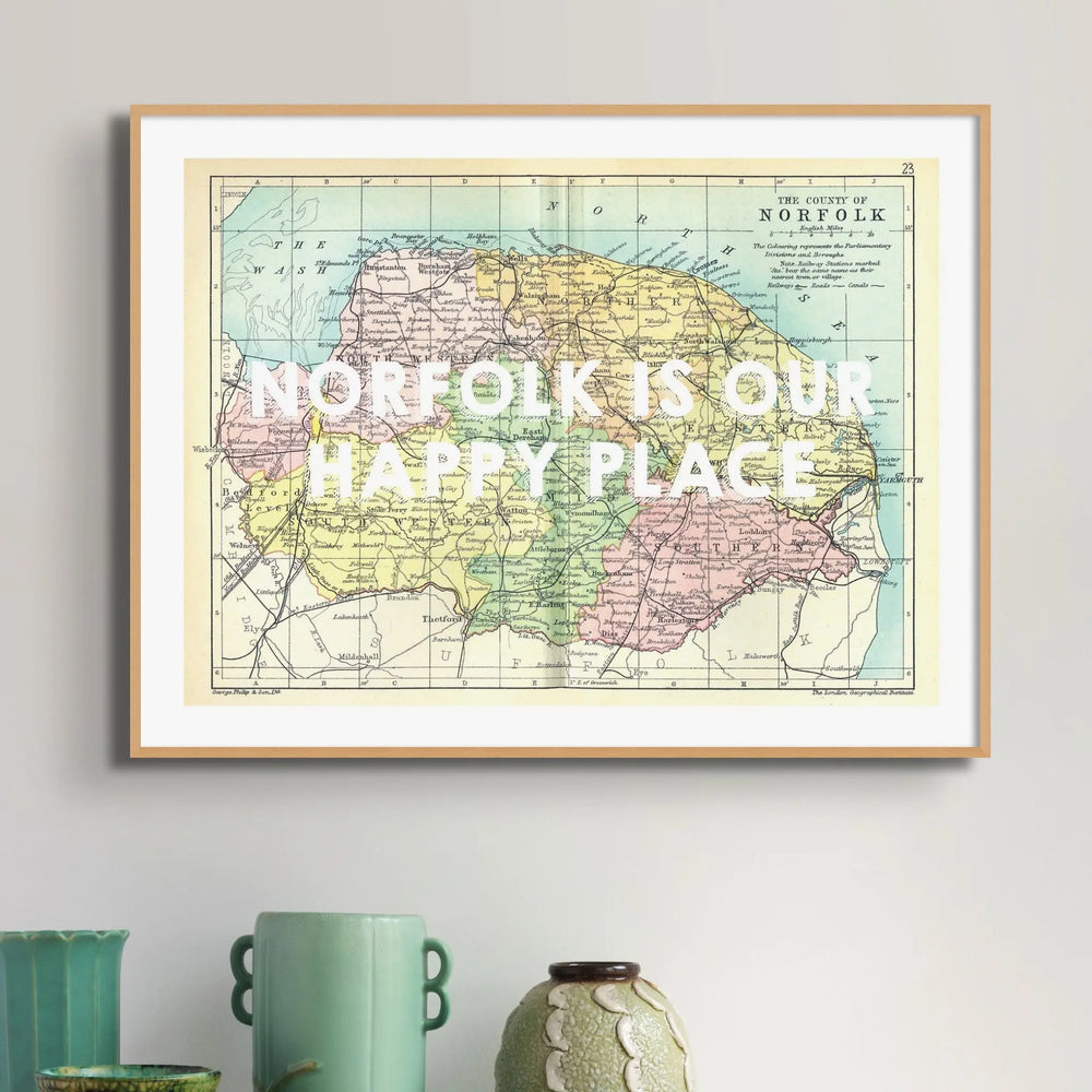 Norfolk is our Happy Place (Norfolk Map) Vintage Map Art - Beach House Art