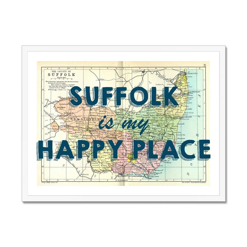 Suffolk is my Happy Place (Map of Suffolk) Vintage Map Art - Beach ...