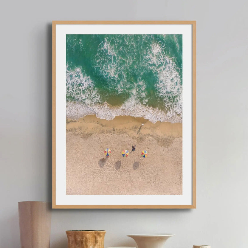 Three Umbrellas (Aerial Beach Photography) - Beach House Art